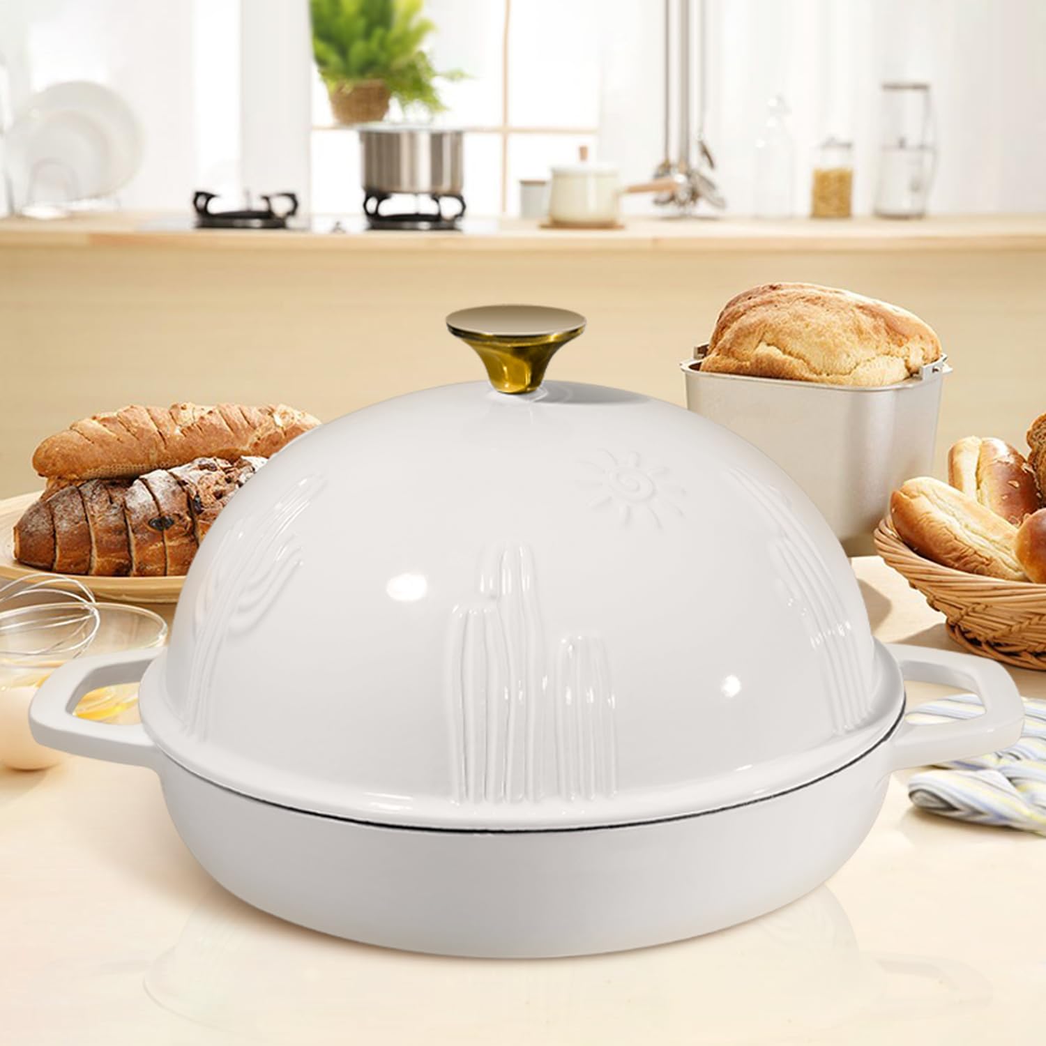 Flavehc Bread Oven Cast Iron Bread Dutch Oven with Cloche Lid for Bread Baking Red Enameled Cast Iron Bread Oven with Dome Lid for Sourdough
