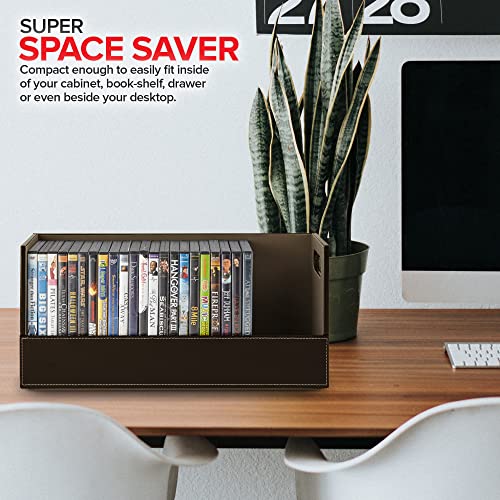 Stock Your Home DVD Storage Box, Movie Shelf Organizer for Blu-Ray, Video Game Cases, CDs, VHS Tape Display Stand, Disc Holder Can Store Up to 28 DVDs, Faux Leather (Brown)