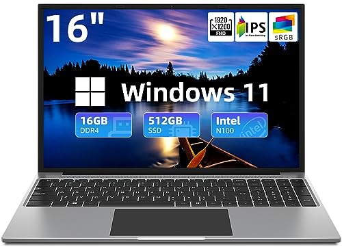 jumper 16" Laptop, Quad-Core Intel N100 CPU, 16GB DDR4 RAM 512GB SSD, FHD IPS Screen(1920x1200), Windows 11 Laptop Computer with Four Stereo Speakers, Dual Band-WiFi, BT4.0, 38WH Battery, Gray.