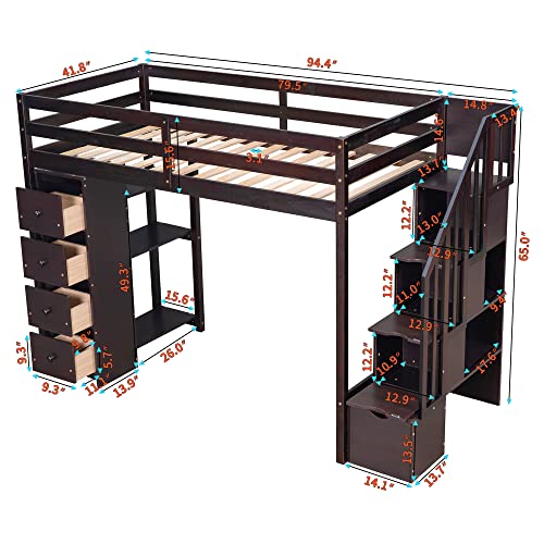 Merax Twin Size Loft Bed, Loft Bed Frame with Storage Drawers and Stairs, Wooden Loft Bed with Shelves, Espresso