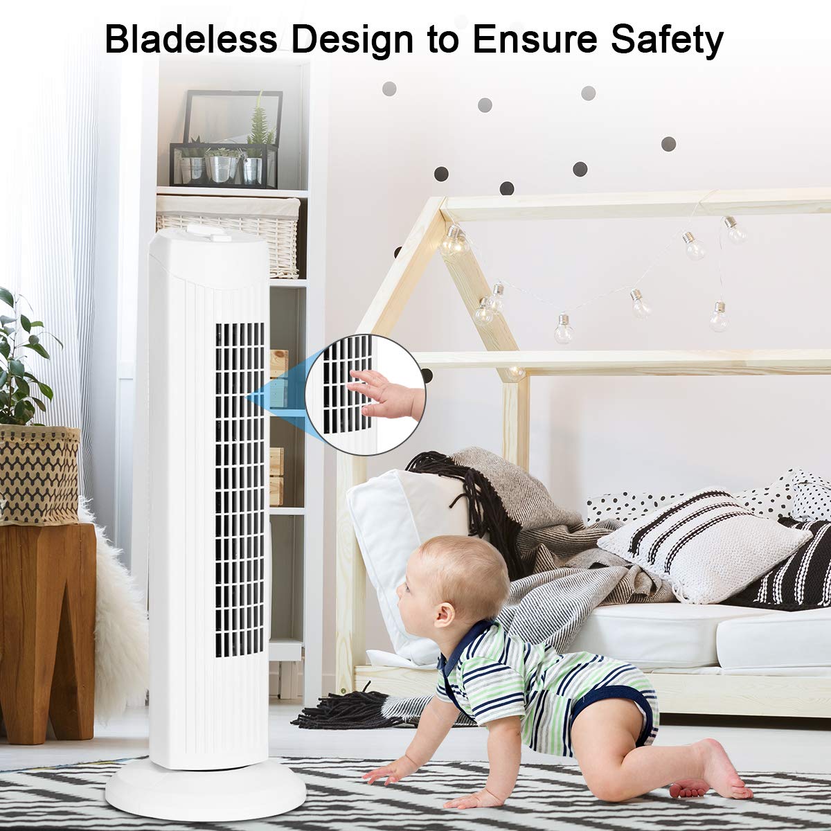 COSTWAY Tower Fan, 28-Inch Oscillating Tower Fan, Quiet Cooling Whole Room Bladeless, 3 Speed, 3 Wind Mode, Oscillating Tower Fan for Bedrooms, Living Rooms, Kitchen (White)