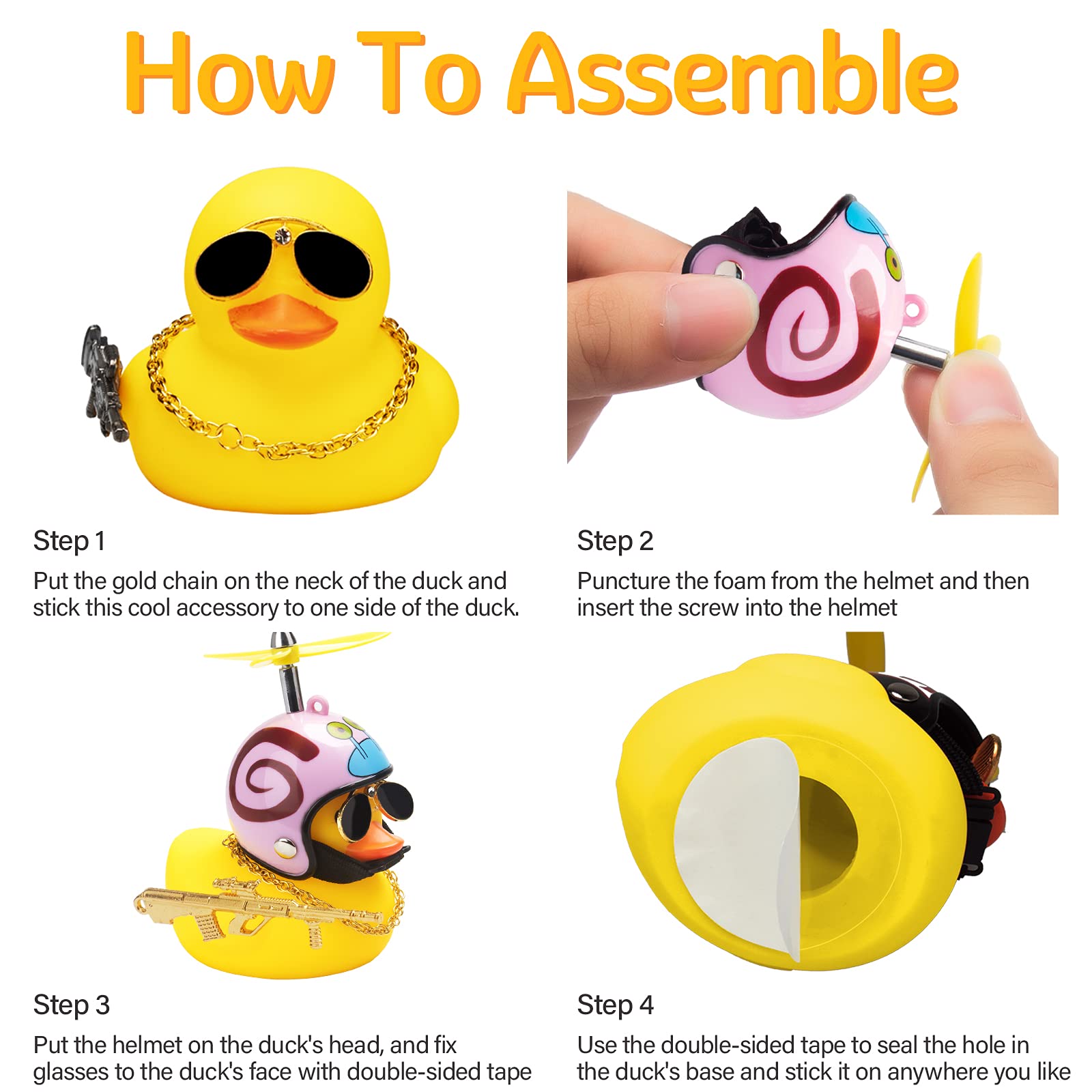 wonuu 3 Pack Car Rubber Duck Cute Yellow Wind-Breaking Ducks Dashboard Decorations Small Ornaments with Propellers Glasses Gold Chain (Yellow-Snail&Pineapple&Stars and Stripes)