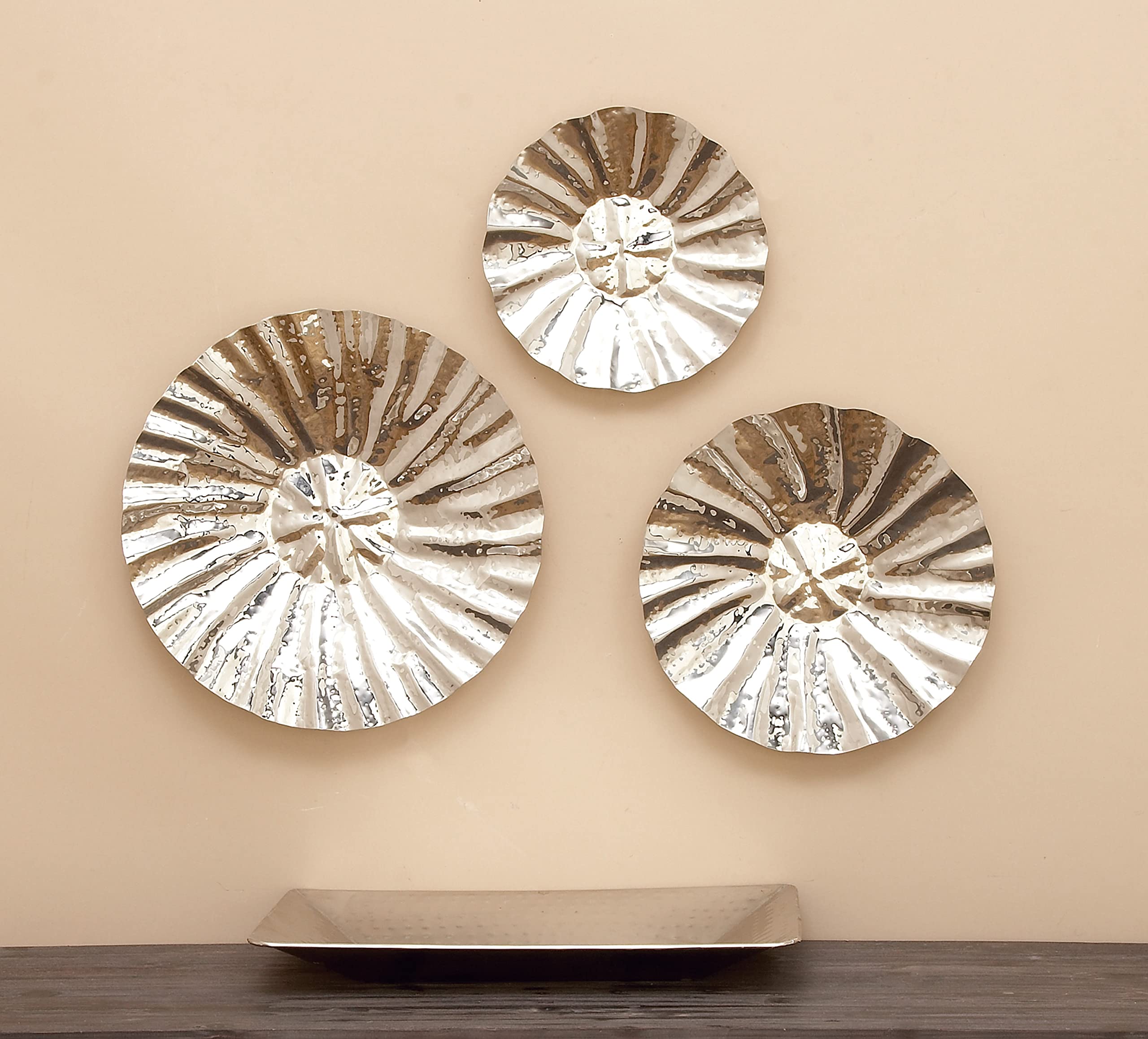 Deco 79 Stainless Steel Plate Wall Decor with Hammered Designs, Set of 3 17", 14", 11"W, Silver