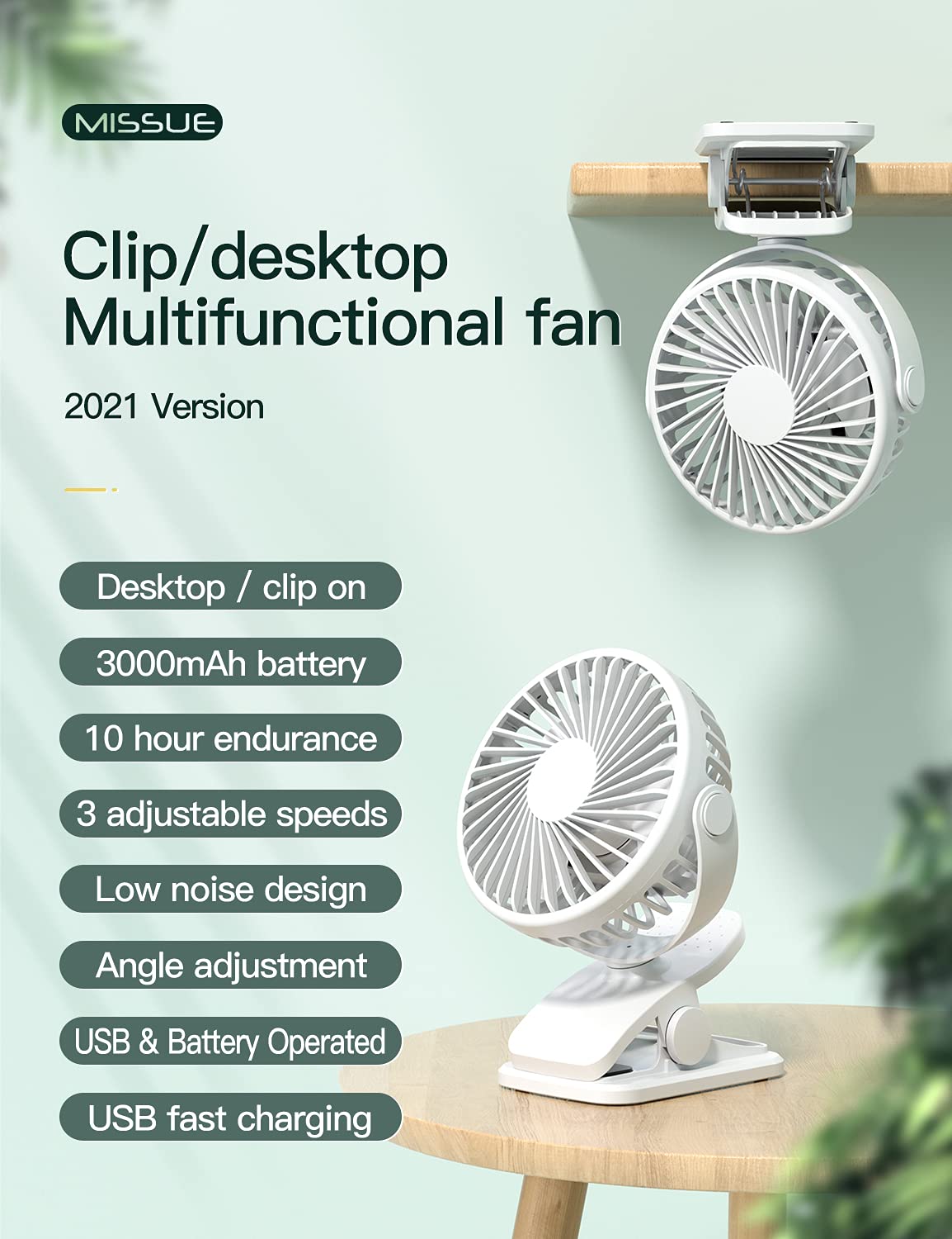 MISSUE Clip On Desk Fan, Baby Safe Stroller Fan, USB & Battery Operated Fan with 3 Speed for Men, Women, 3000 mAh Rechargeable Battery Include