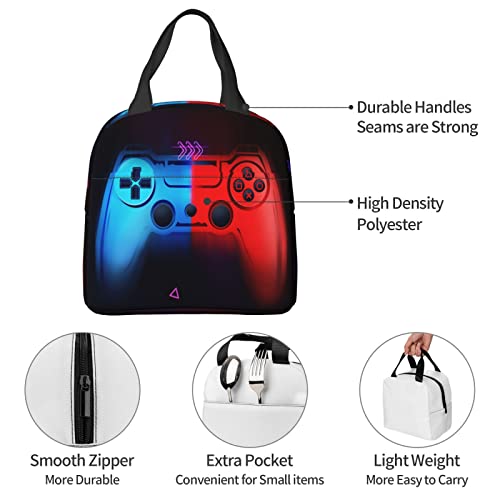 Hellokugou Game Lunch Bag For Kids Gaming, Red & Blue Fluorescent Gamepad Glow Luminous Lunch Box Portable Reusable Handbag Box Travel Beach Picnic
