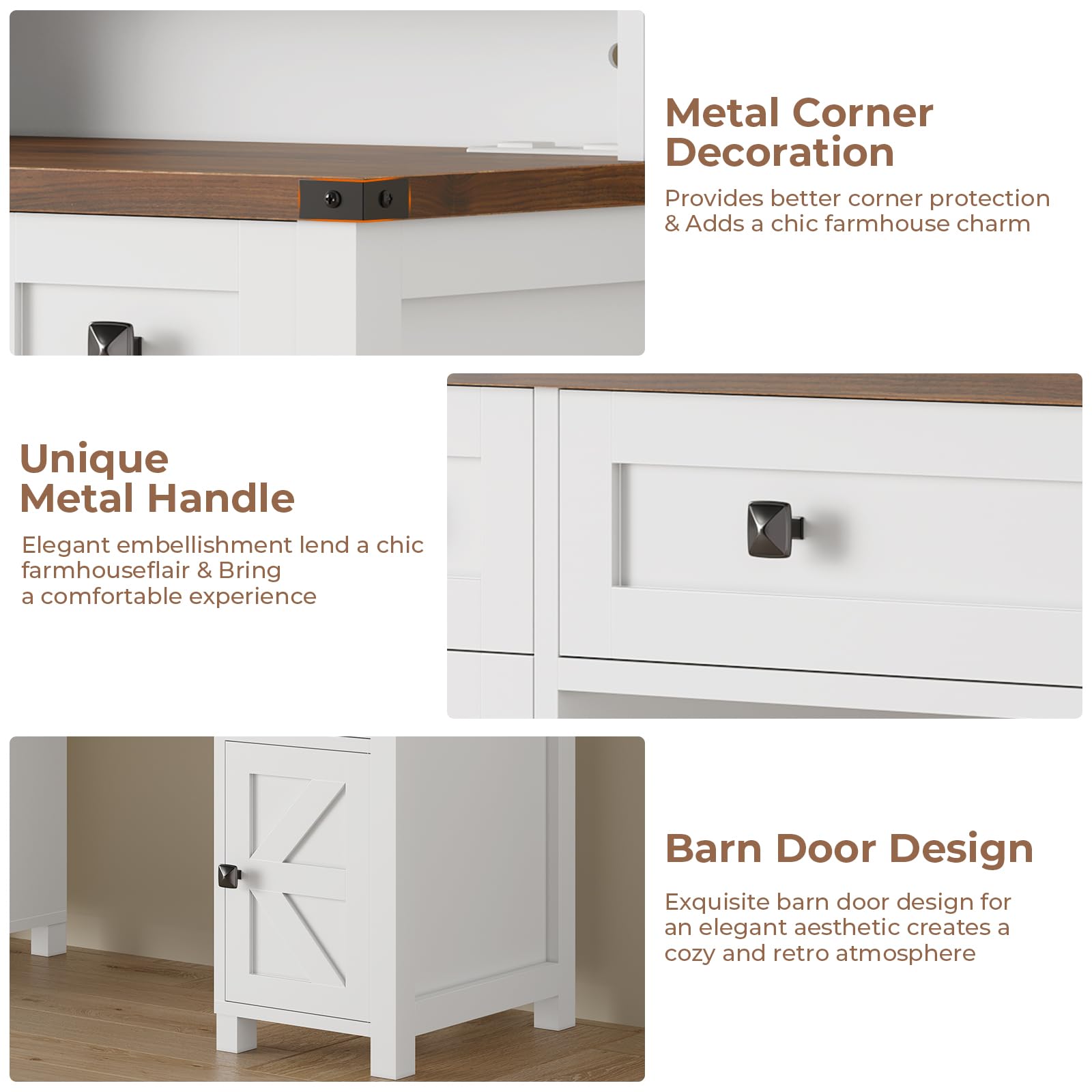 DICTAC Farmhouse Makeup Vanity Desk with Sliding Mirror and Lights Vanity Table with Charging Station,5 Drawers and 2 Cabinets Rustic Vanity Set for Bedroom with Hidden & Open Shelves,White+Walnut