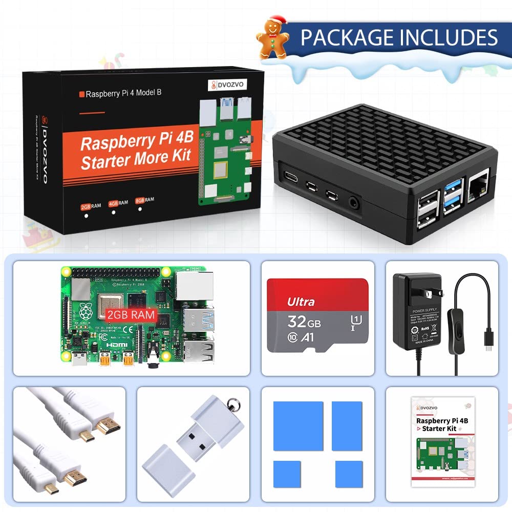 DVOZVO Raspberry Pi 4 2GB Starter Kit, 5V 4A Raspberry Pi 4 Power Supply with ON/Off Switch,Raspberry Pi 4 Aluminum Case,4K HDMI Cables for Raspberry Pi 4B - 32GB Edition (2GB RAM)