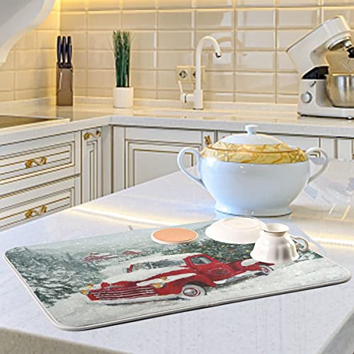 xigua Christmas Truck Dish Drying Mat for Kitchen Counter,Texture Ultra Absorbent Reversible Microfiber Dishes Drying Rack Pad Heat-resistant Mats 16x18in