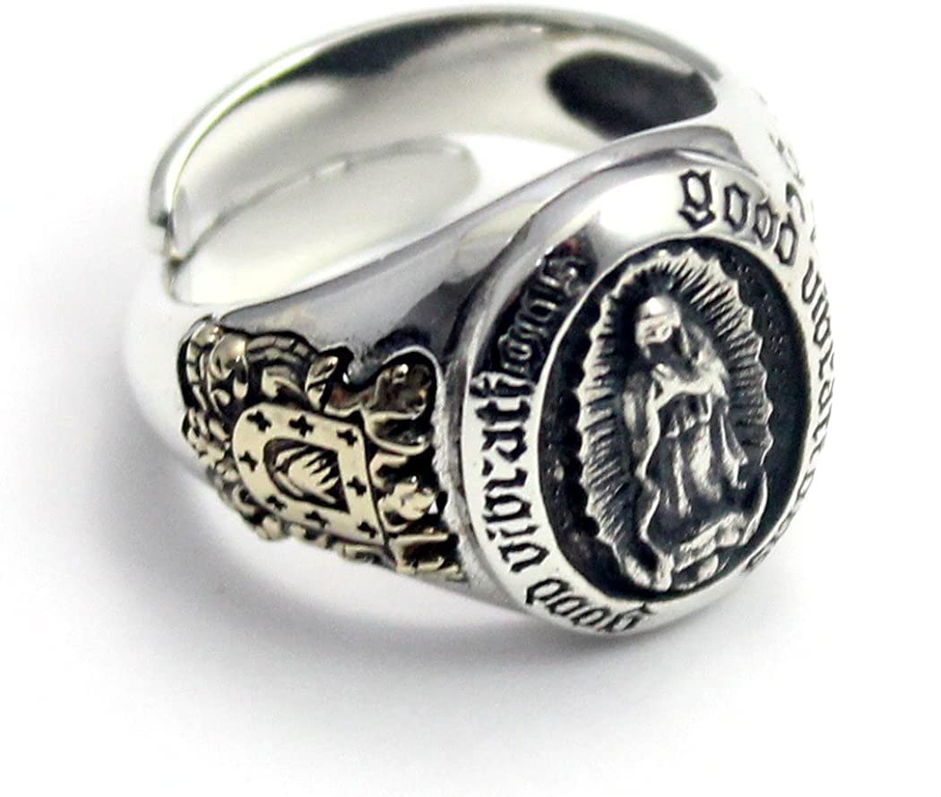 COSUMOSU Sterling Silver Our Lady of Guadalupe Virgin Mary Open Ring Adjustable for men