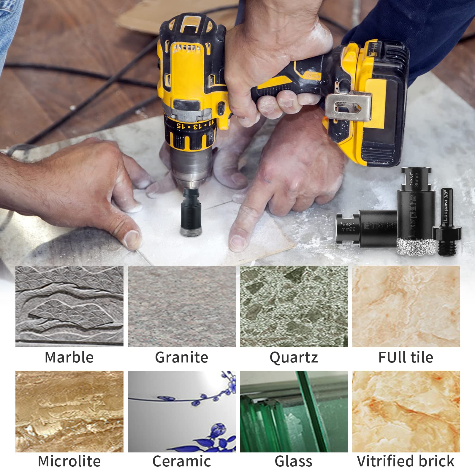Dry Diamond Core Drill Bit, 1-3/8" 35mm Vacuum Brazed Hole Saw for Marble Porcelain Brick Masonry Concrete Hard Materials, Diamond Tile Hole Saws with 5/8-11 Thread Plus 3/8 Hex Shank Adapter