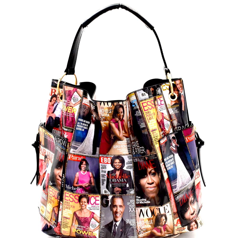 Michelle Obama Magazine Cover Print Multi Pocket 3 in 1 Single Strap Hobo Purse Handbag Crossbody Bag Wallet SET (Patent Leather - BLACK/WHITE)