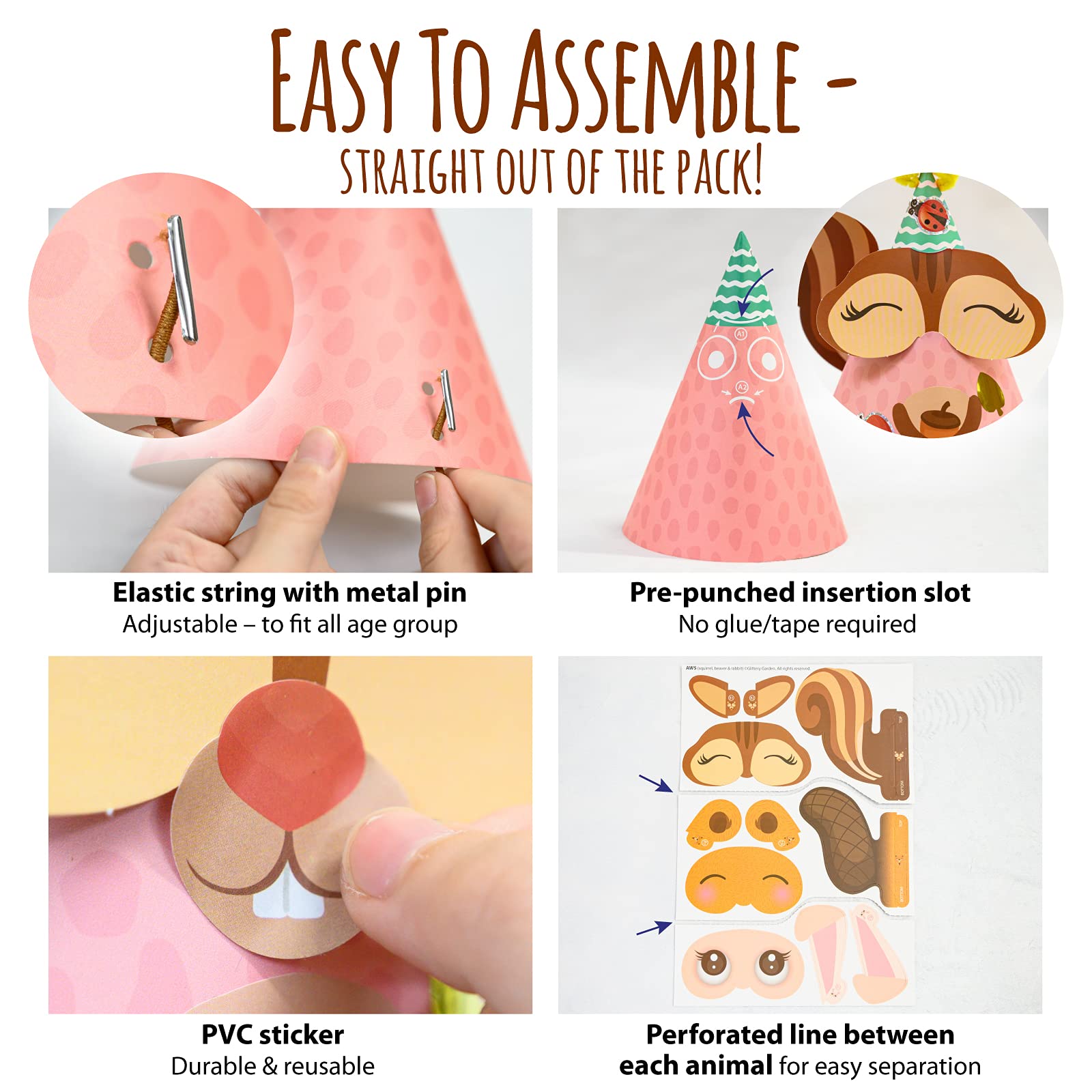 Woodland Themed Christmas Party Hats Making Kit c/w Chenille Stems & Stickers. Group Activities, DIY Art Craft Home Project. Birthday, Easter & Fiesta Decoration for Kid