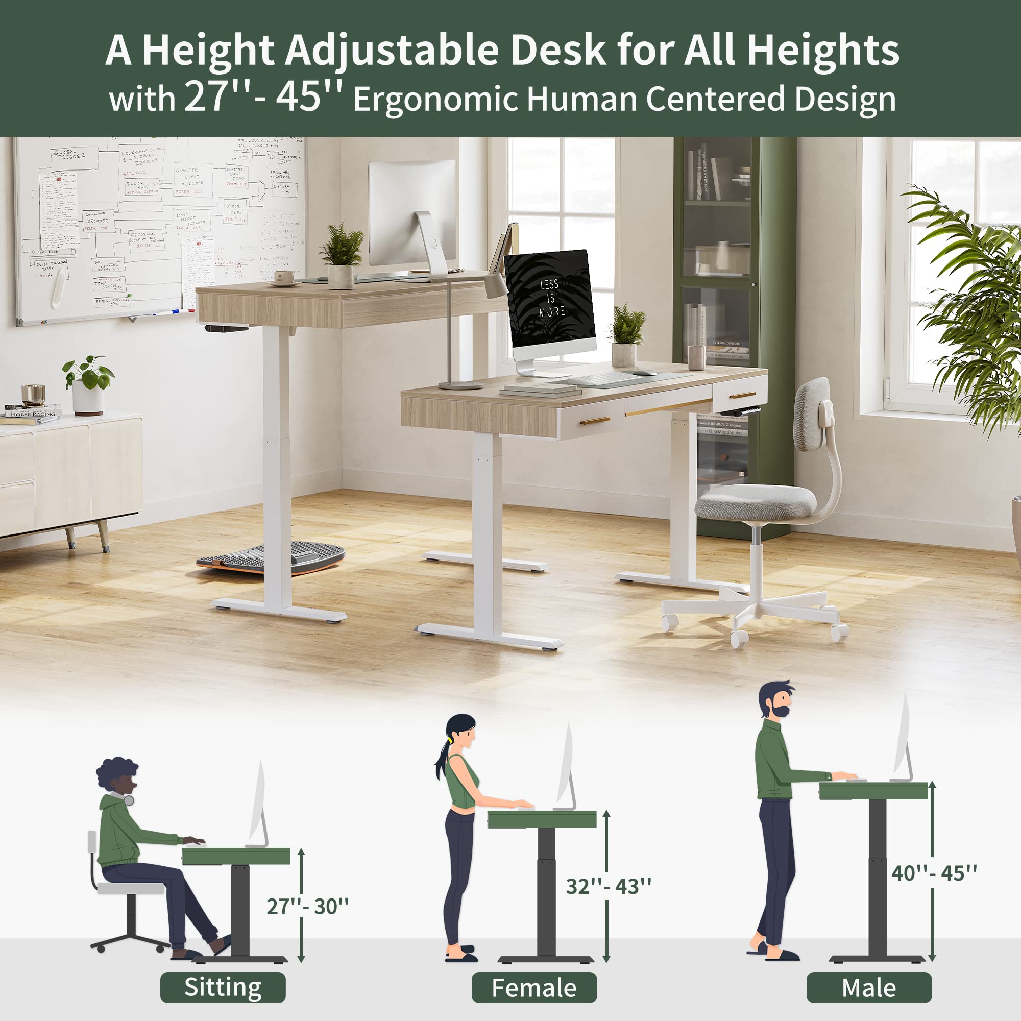 FEZIBO Mid Century Modern Electric Standing Desk with 3 Drawers, 48 x 26 Inches Whole Piece Sit Stand Up Home Office Desk, White Top with White Frame (2 Packages)