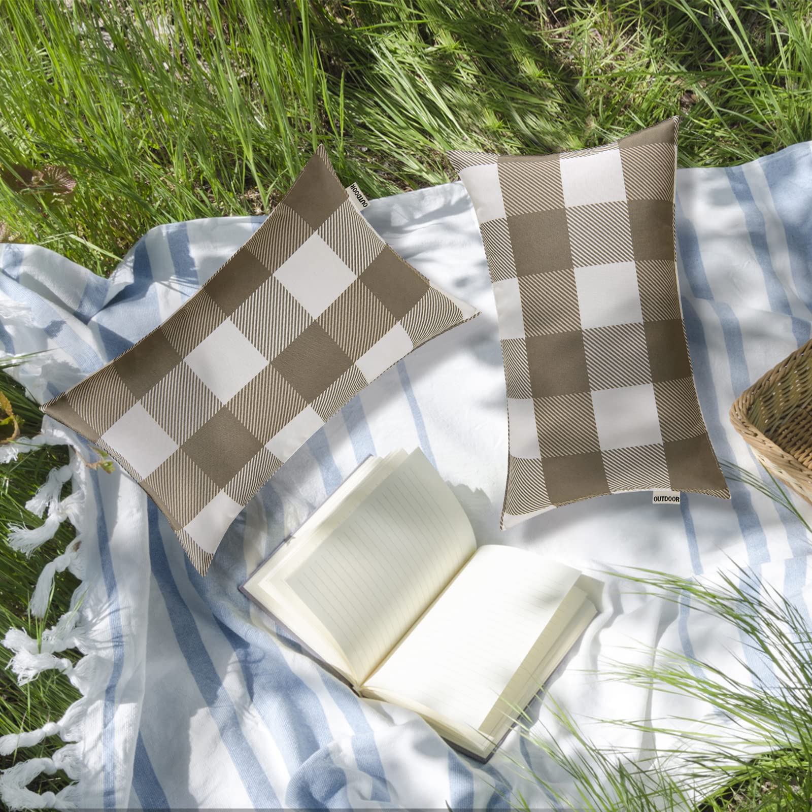 MIULEE Plaids Pillow Covers Checkered Throw Pillow Covers Outdoor Waterproof Decorative Pillowcases Set of 2 for Sofa Couch Living Room Patio Garden 12x20 Inch, Brown and White
