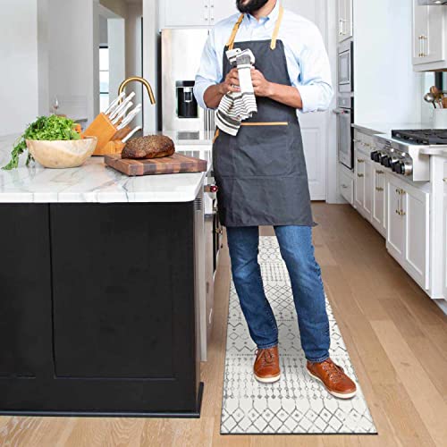 Xsinufn Boho Kitchen Mat Set of 2,Modern Farmhouse Kitchen Rugs and Mats Non Skid Washable,Moroccan Boho Runner Rugs with Rubber Backing for Kitchen Decor Accessories (Grey/Off-White 17"x47"+17"x30")