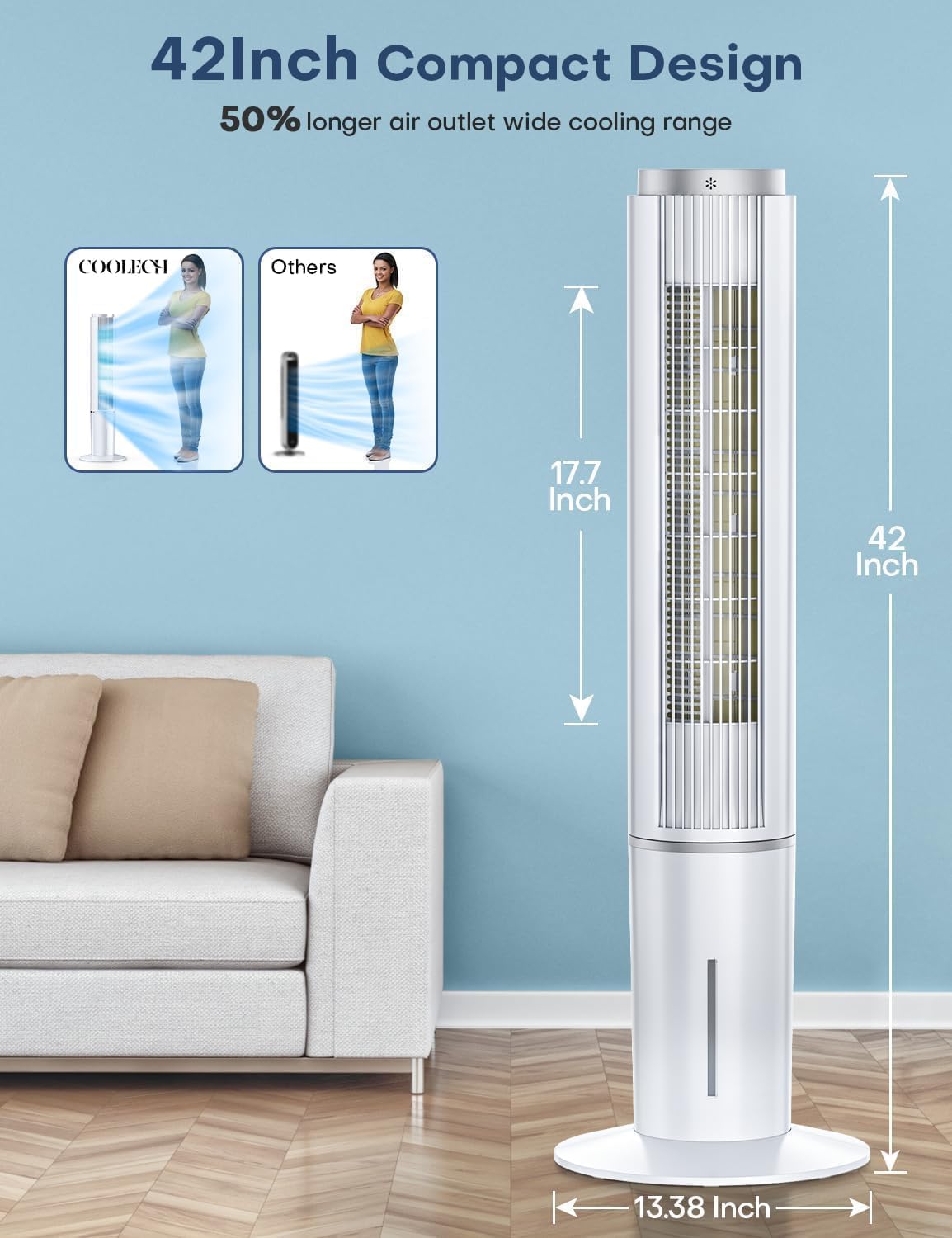 COOLECH 42 INCH Evaporative Air Cooler w/Remote &LED Touch Screen, 4 Mode &3 Speed, 1-Gal Tank for 15H Cooling, 12H Timer for Auto Off, 70°Oscillation Portable Swamp Cooler, Air Cooler for Room Patio