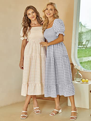 MEROKEETY Women's Plaid Square Neck Ruffle Puff Sleeve Midi Dress Summer Boho Backless Smocked Dress, Beige, Medium