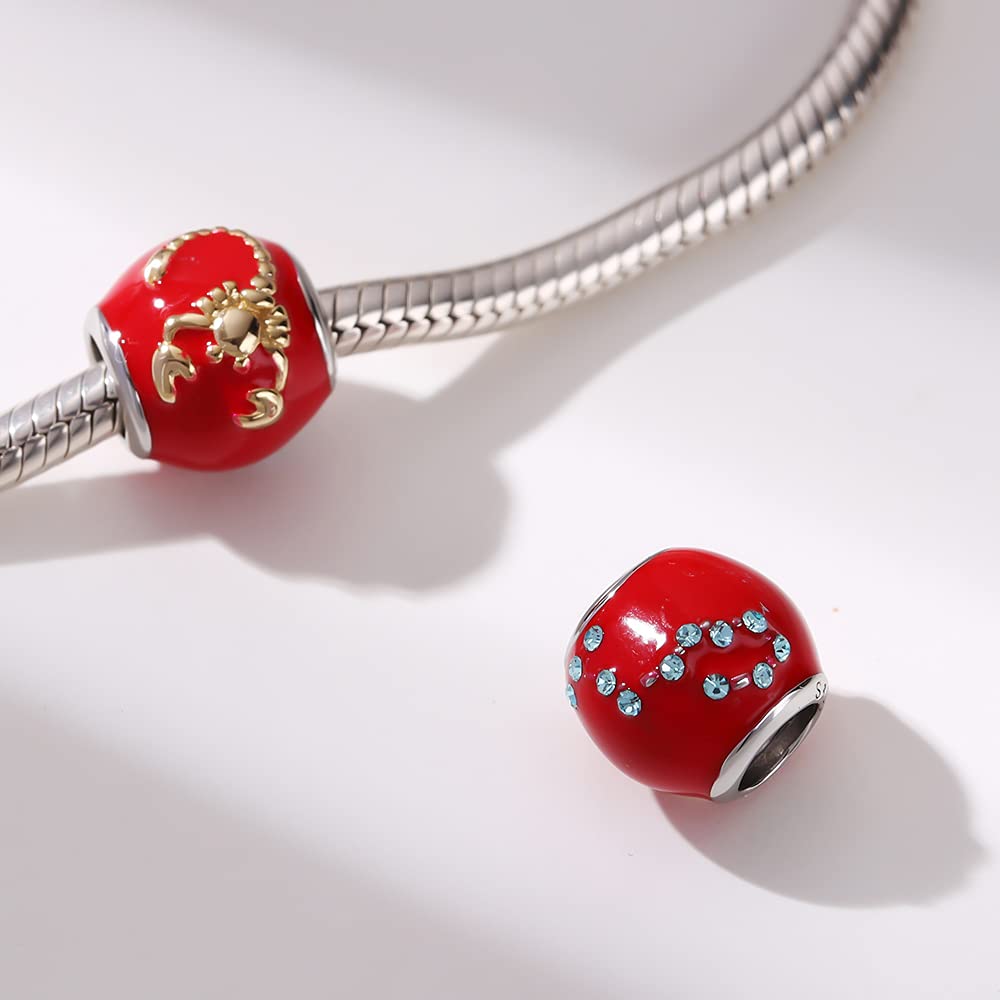Birthday Zodiac Sign Charms Original 925 Sterling Silver Enamel Charms with Clear Cz for Bracelet (Red Scorpio)