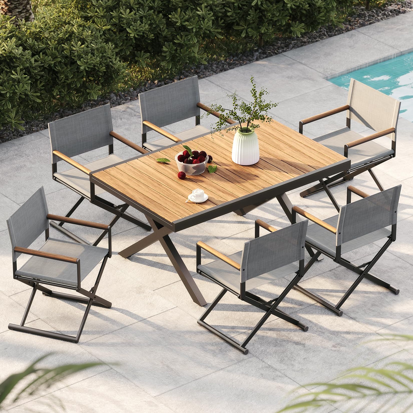 Grand patio 7-Piece Outdoor Dining Set, 6 Extra-Wide Foldable Chairs & 1 Extendable Table, UV-Resistant Mesh Patio Furniture Set, Wood Grain Tabletop for Garden, Yard and Terrace, Black