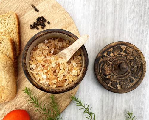 Rustic Salt Box Cellar with Hand Carved Lid & Spoon, Wooden Salt Pinch Bowls | Wood Salt Keeper, Spice Bowls for Cooking | Salt Pepper Tea Sugar Coffee Storage Holder for Kitchen, Mothers Day Gift
