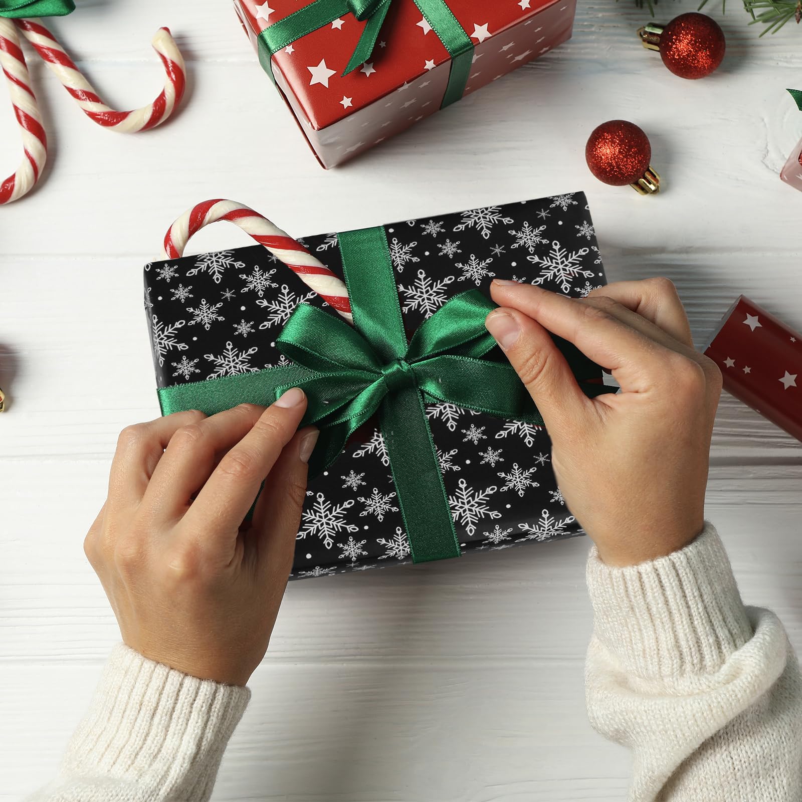 FIEHALA Reversible Christmas Wrapping Paper Jumbo Roll - Black Buffalo Plaid & Snowflakes Patterns - 30 inches x 100 Feet