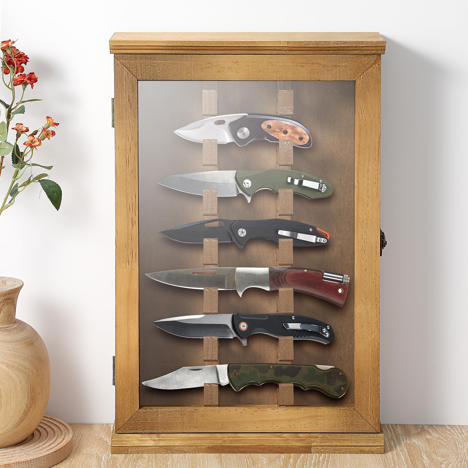GlikCeil Pocket Knife Display Case with Lockable Clear Acrylic Door, Wall Mount Wooden Knife Display Stand, Knife Holder Display Cases for Collection, Storage, Military Folding Knife Shelf Shadow Box
