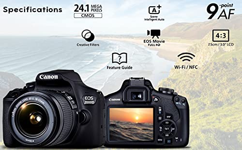 Canon EOS 2000D / Rebel T7 DSLR Camera with 18-55mm Lens, Creative Filter Set, EOS Camera Bag, Sandisk Ultra 64GB Card, 6AVE Electronics Cleaning Set, and More (International Model) (Renewed)