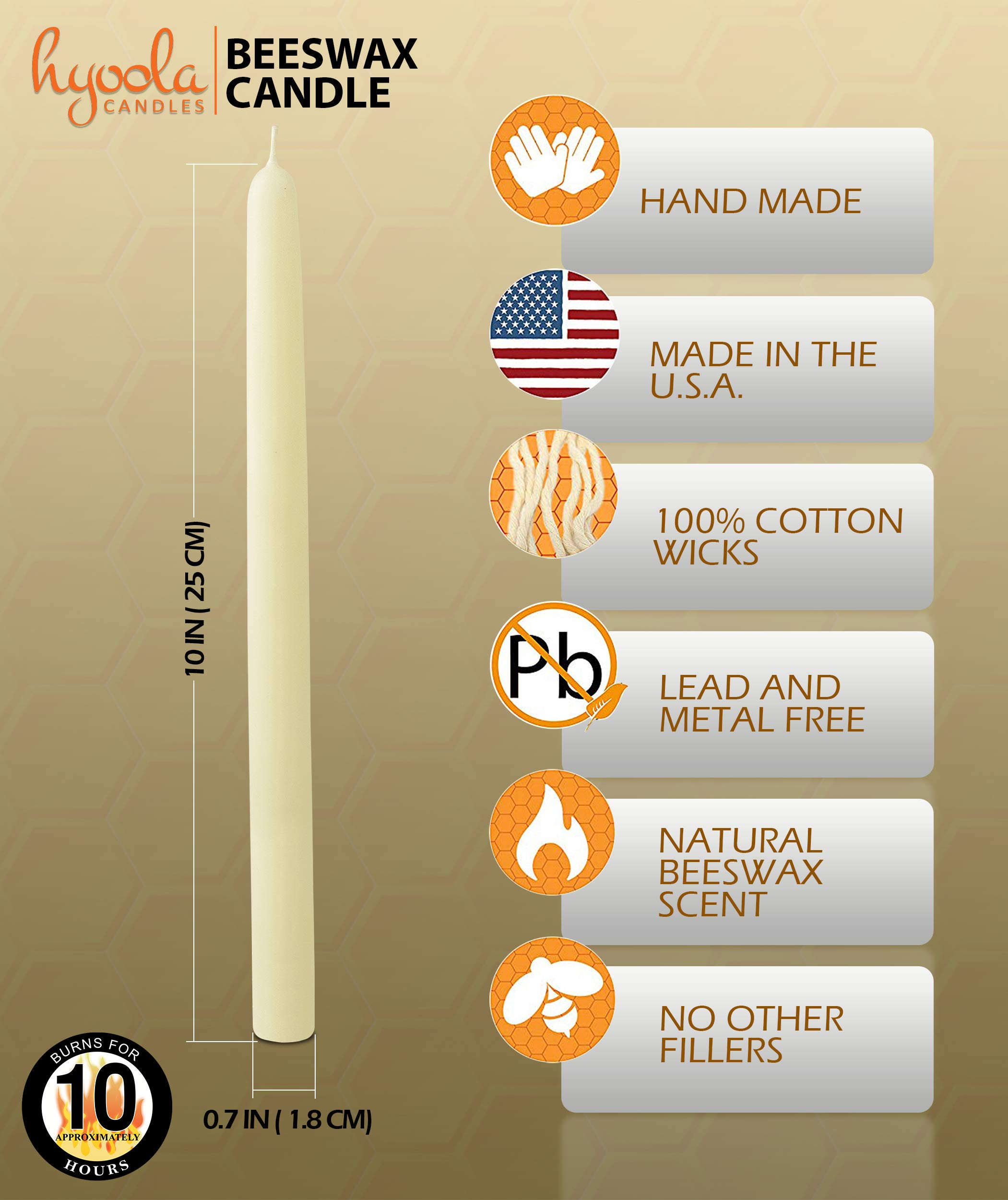 Hyoola 10" Beeswax Taper Candles 12 Pack - Handmade, All Natural, 100% Pure Unscented Bee Wax Candle - Tall, Decorative, White - 10 Hour Burn Time
