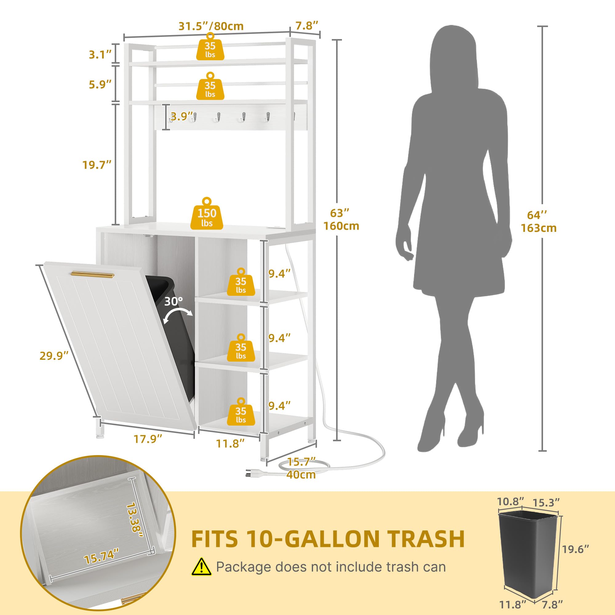 DWVO 10 Gallon Tilt Out Trash Bin Cabinet Rack with Power Outlet, Kitchen Tall Pantry Storage Cabinet Fit Garbage Can Tilt Out, Laundry Hamper for Kitchen, White