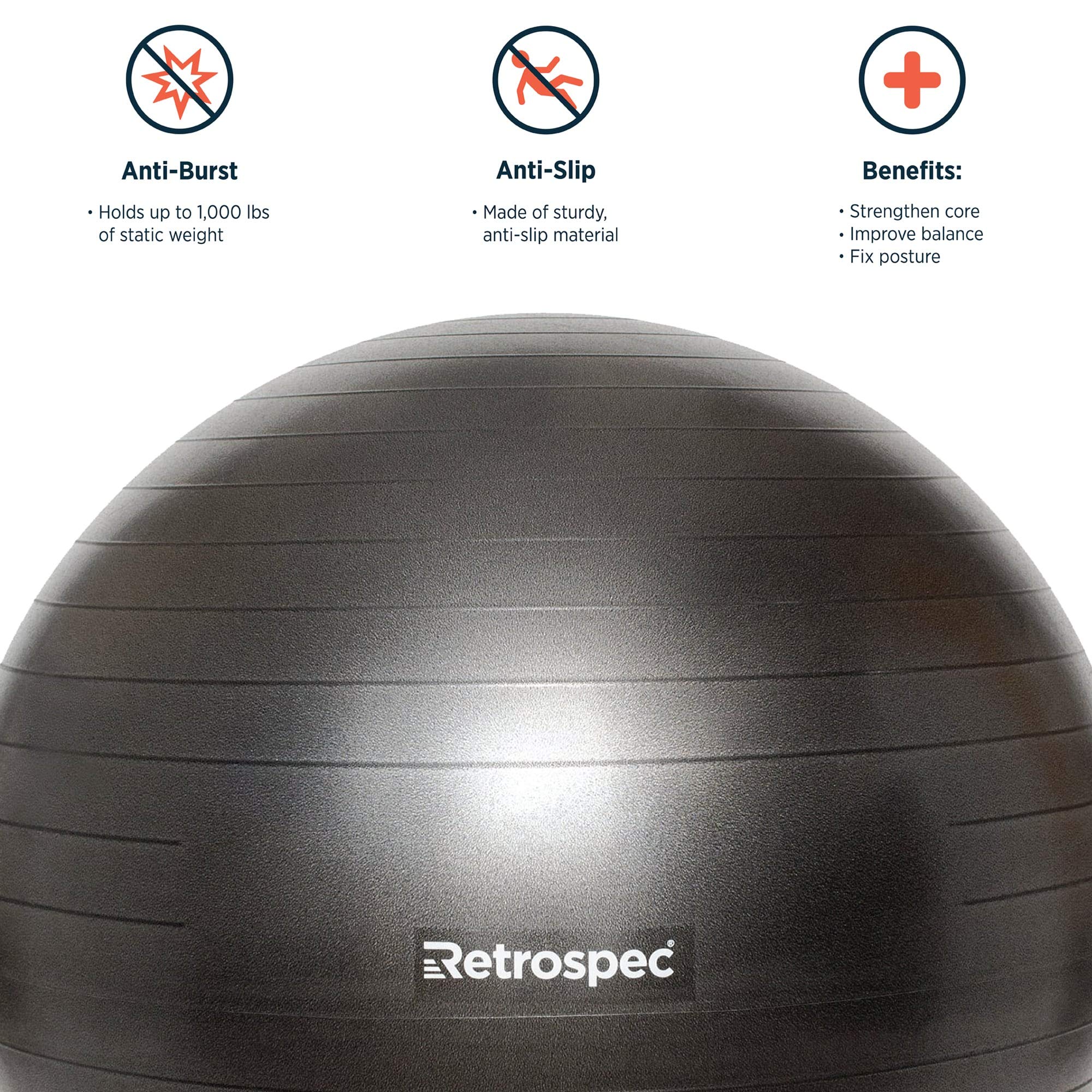 Retrospec Luna Exercise Ball, Base & Pump with Anti-Burst Material, Perfect for Balance, Stability, Yoga & Pilates