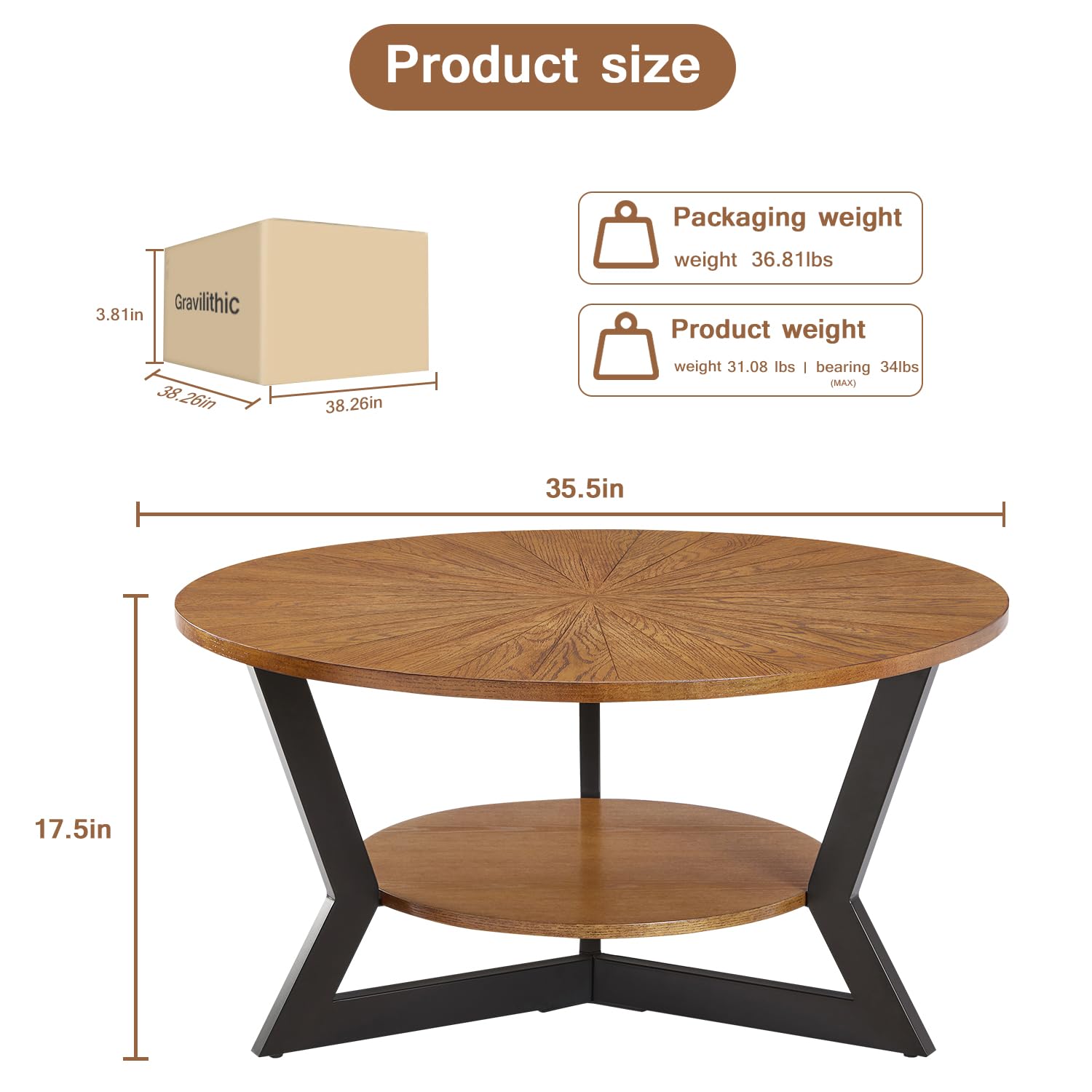 Gravilithic Round Wood Coffee Table for Living Room, 2-Tier Rustic Circle Coffee Table with Storage, Solid Natural Coffee Table with Metal Legs, Radial Pattern 35โx 17โ