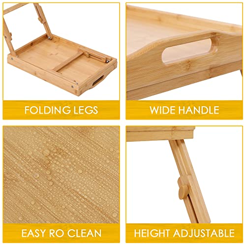 JESSILIN HOME 2 Pack Bamboo Bed Tray Table, Breakfast Tray with Folding Adjustable Legs, Food Tray with Handles, Whole Bamboo
