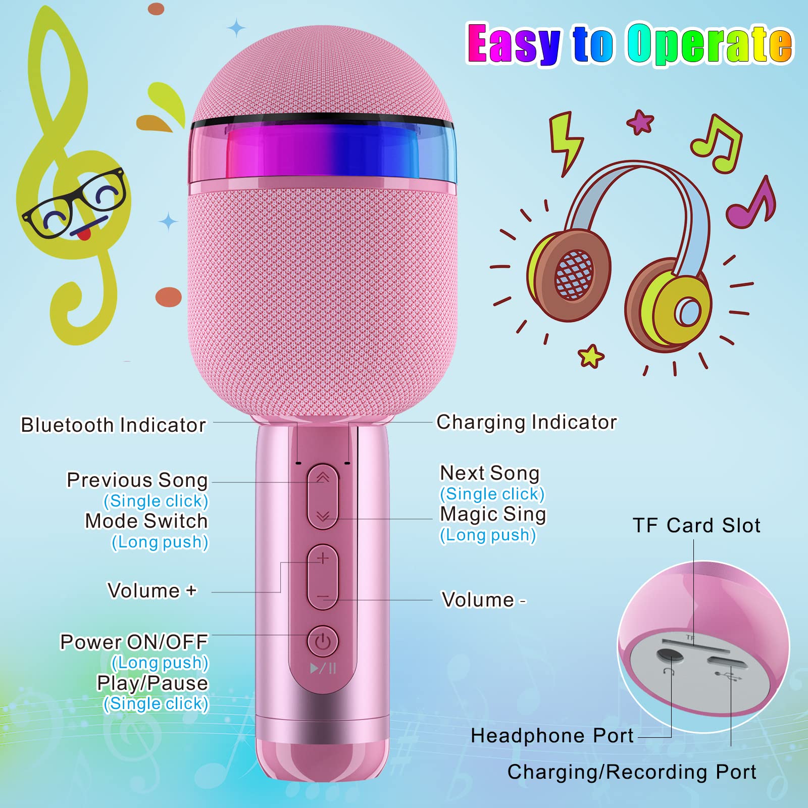 BONAOK Wireless Bluetooth Karaoke Microphone with LED Lights, 4 in 1 Portable Handheld Karaoke Machine Speaker Birthday Gifts for All Ages V09(P-ink)