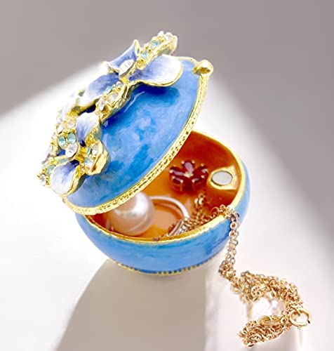 JWT Astyle Orchid Flower Blue Trinket Boxes Hinged Small Jewelry Box with Crystals.Collectible Trinkets Home Gift Enamel Decorative Tiny Keepsake Box Decor Necklace Rings Earrings Organizer.