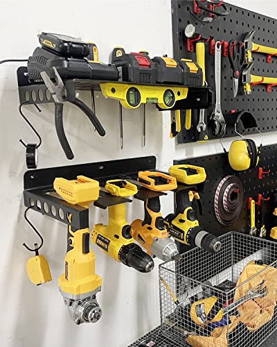 Power Tool Storage Rack, Amoowis Tool Organizer, Metal Shelf Utility Racks, Shelves for Garage Organization and Storage, Pegboard Drill Holder Wall Mount with Magnetic Strip for Screwdriver, Drill Bit