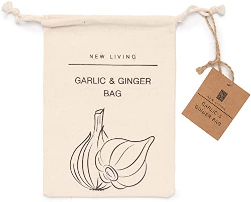 Garlic and Ginger Bag | Organic Linen Cotton Material | Eco Product | by New Living | Food Storage Bag |14 x 19 cm (1 Pack), Beige