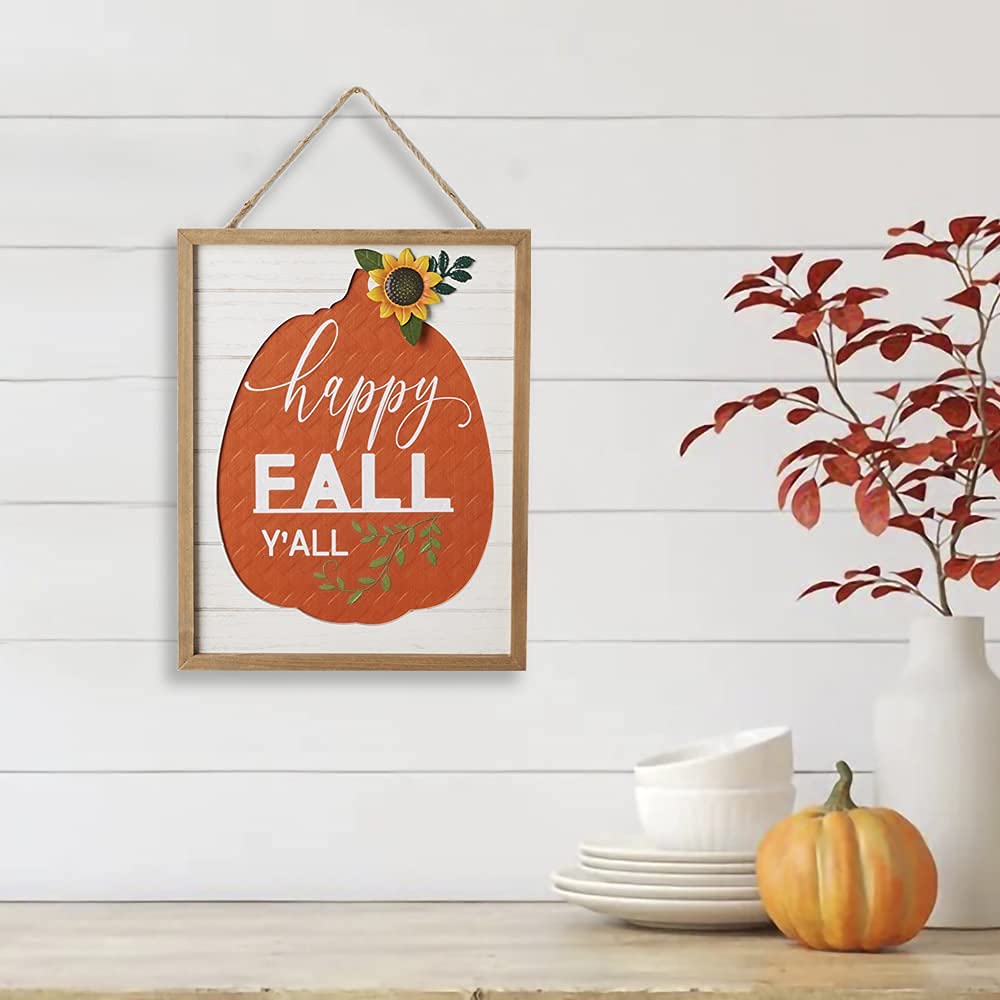 ZiMiu Happy Fall Y'all Sign Metal Sunflower Wooden Thanksgiving Décor Autumn Rustic Hanging Signs Farmhouse Rustic Wall Plaque Home Decor Harvest Door Signs for Front Door Garden Yard Porch 13"x11"