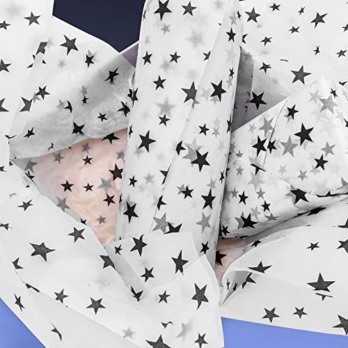 Hi Sasara 60 Sheets White with Black Star Tissue Paper,White and Black Tissue Paper for Gift Bags,Star Gift Wrapping Tissue for Halloween Christmas,Wedding,Birthday,DIY and Crafts,14 x 20 Inch
