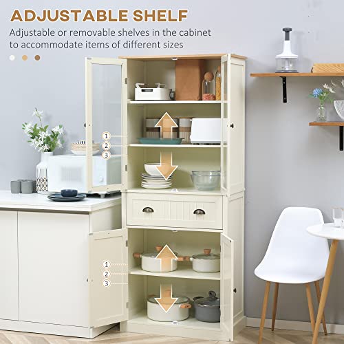 HOMCOM Freestanding Kitchen Pantry, 5-Tier Storage Cabinet with Adjustable Shelves and Drawer for Living Room, Dining Room, Cream White
