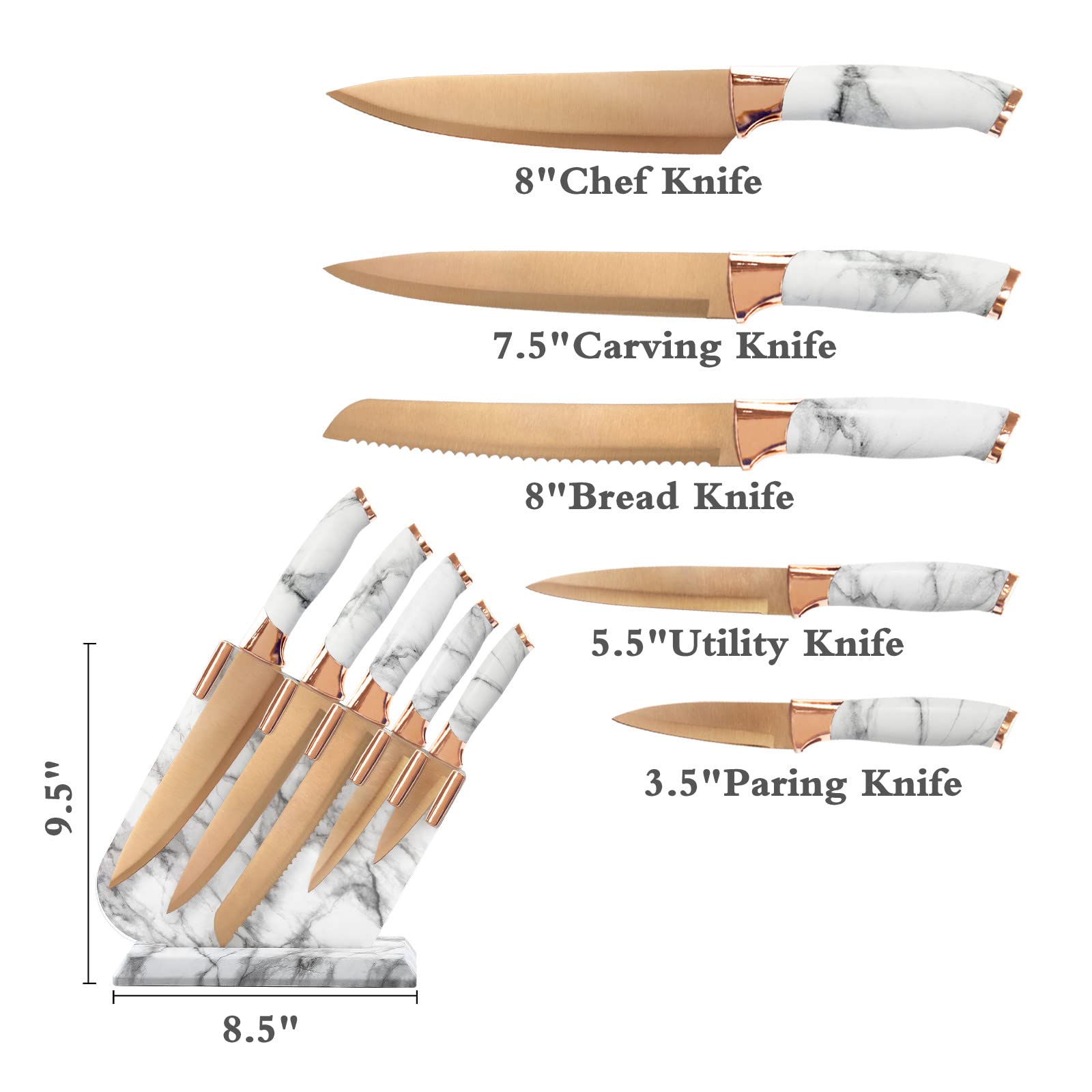 Knife Set Non Stick, Champagne Gold Knives Set with Acrylic Storage Block, 6 Pieces Sharp Knife Set, Stainless Steel Beautiful White Marbling Handle Rainbow Blade Kitchen Knife (Champagne Gold Blade)