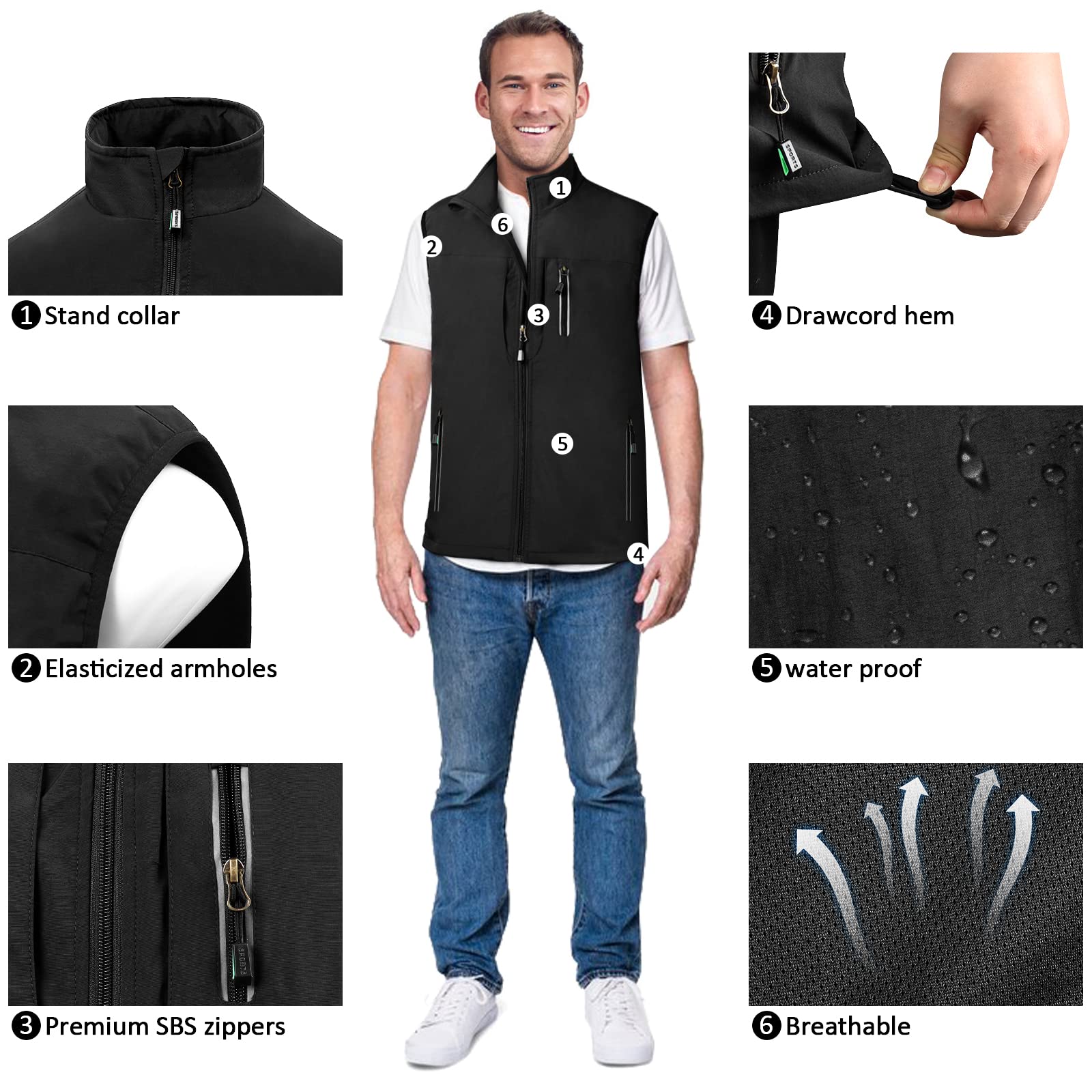 Clumor Men's Running Golf Vest Windproof Reflective Sports Outerwear Lightweight Softshell Short Sleeve Jacket for Cycling Hiking(3XL/Black