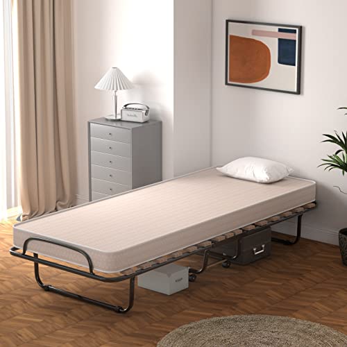KOMFOTT Folding Rollaway Bed with Mattress, Foldable Bed with Memory Foam Mattress for Adults, Portable Fold Up Guest Bed with Sturdy Steel Frame on Wheels for Home & Office, Made in Italy (Beige)