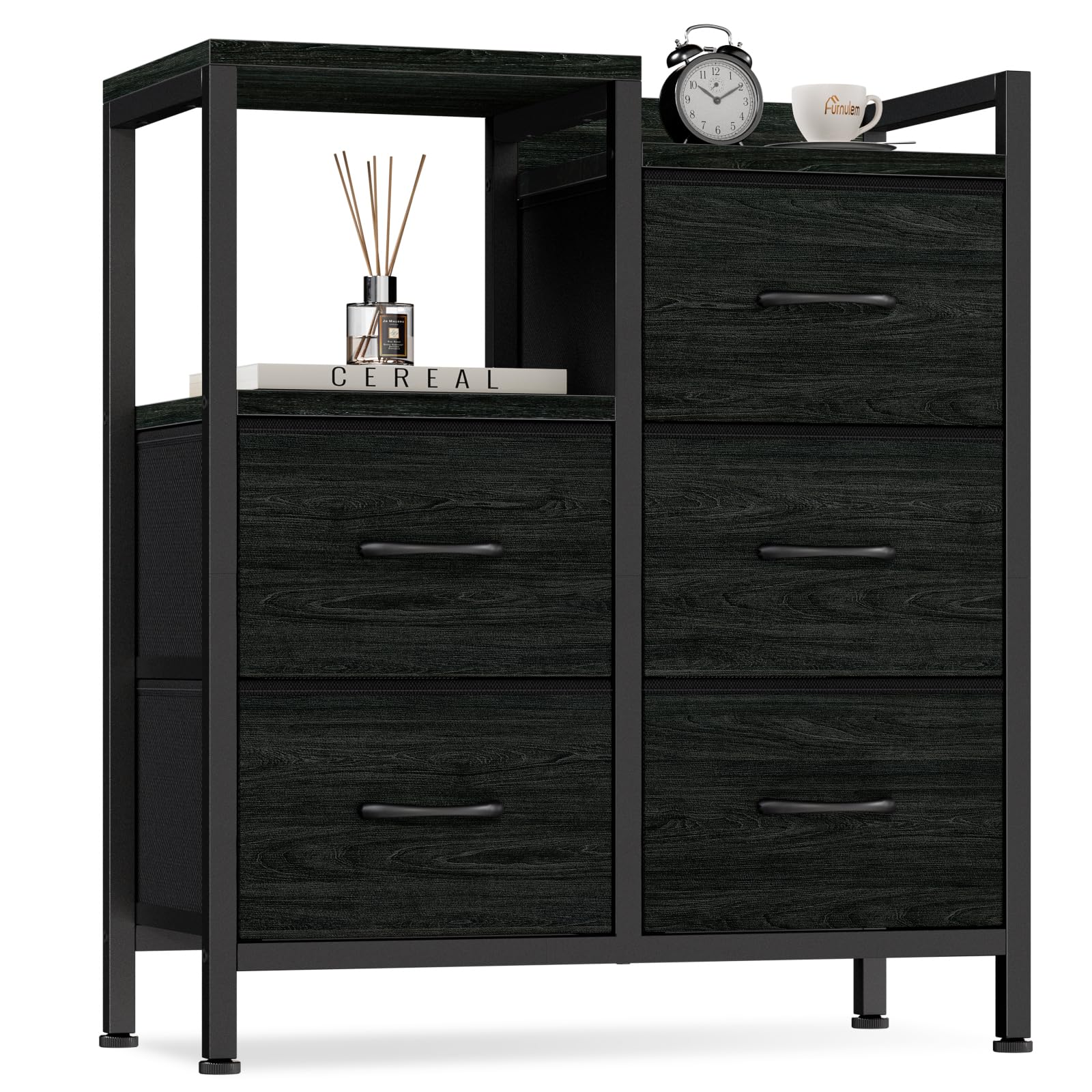 Furnulem 5 Drawer Black Dressers for Bedroom 2 Tier Shelf Storage Small Fabric Dresser for Closet Sturdy Metal Frame Modern Dresser Bedroom Dresser with Drawers for Hallway Rooms