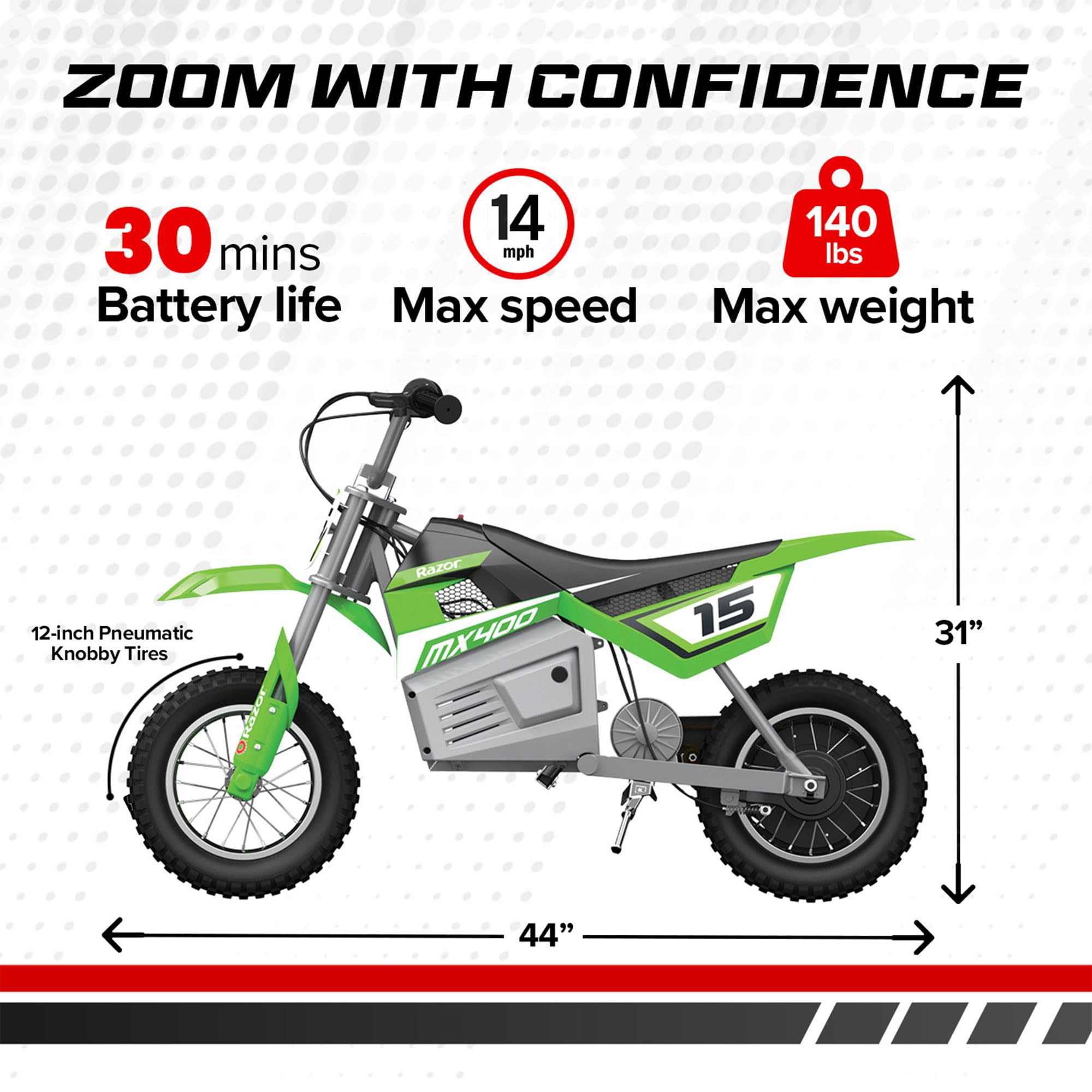 Razor MX400 Dirt Rocket 24V Ride On High-Torque Electric Motocross Motorcycle Toy Dirt Bikes, Speeds up to 14 MPH, for Ages 13+, 1 White & 1 Green