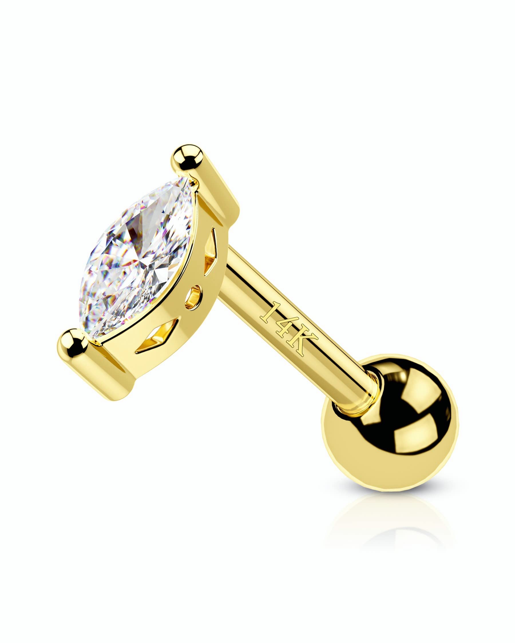 COCHARM 14K Solid Gold Helix Earring Stud Yellow Gold Cartilage Earring Stud Marquise CZ 14Kt Real Gold Helix Cartilage Piercing Jewelry for Women Men