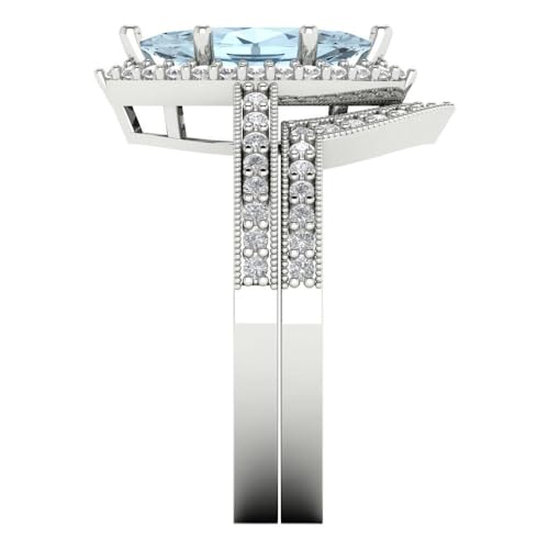 Clara Pucci 2.16ct Marquise Cut Halo Solitaire Natural Swiss Blue Topaz Engagement Anniversary Bridal Ring Band set 18k White Gold 10.5