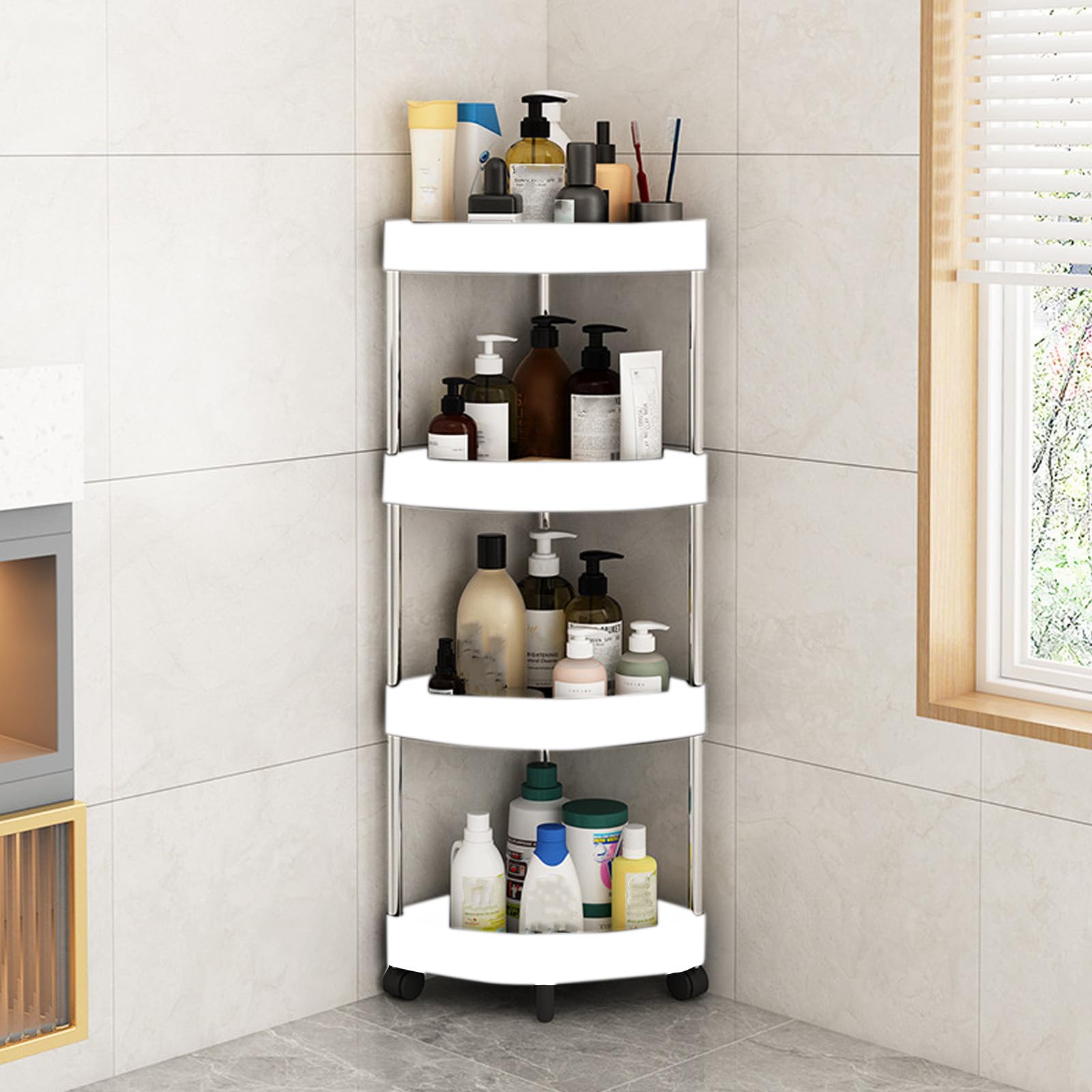 Floor Standing Corner Shower Caddy Storage Shelf with Detachable Design, 4 Tier Bathroom Corner Shower Caddy Organizer with Rolling Wheels, Space-saving Corner Storage Rack with Drainage Holes (White)