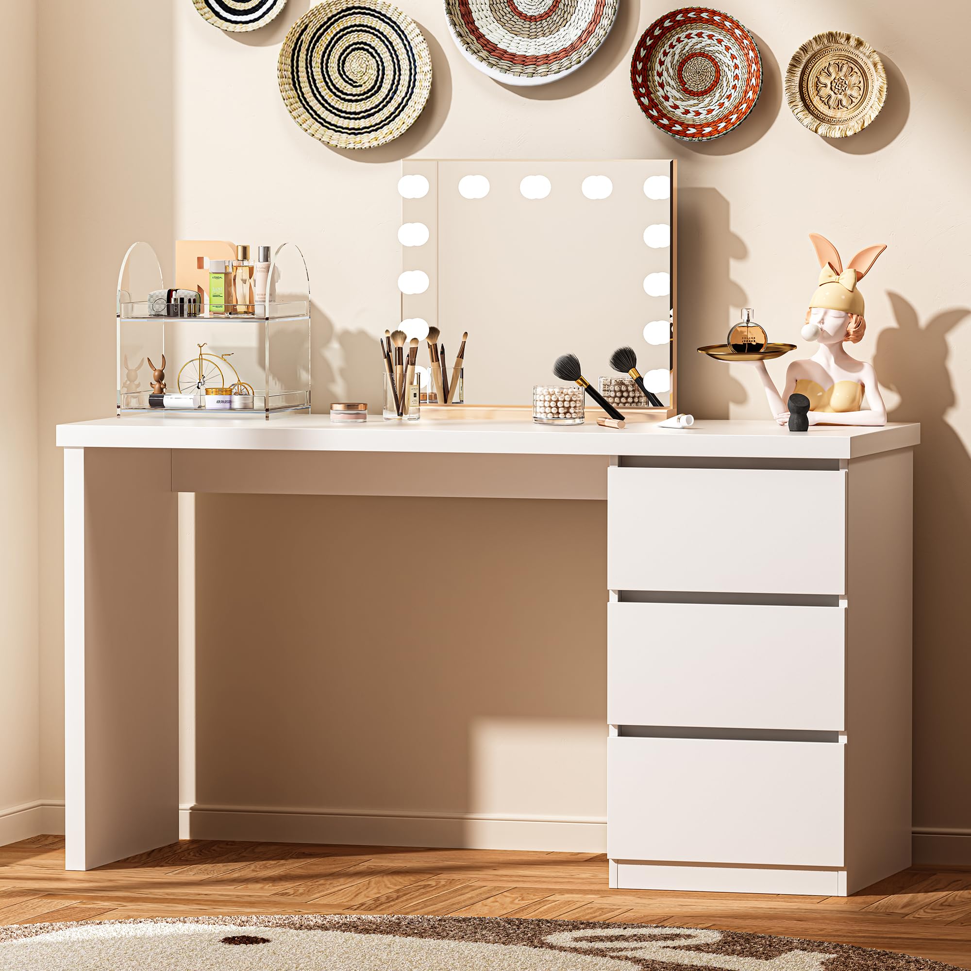 furtble White Desk with Drawers, 53'' W Home Office Computer Desk Gaming Table, Modern Vanity Desk with Storage, Wood Writing Workstation for Bedroom, Living Room
