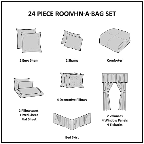 Madison Park Essentials Jelena Room in A Bag Faux Silk Comforter Classic Luxe All Season Down Alternative Bedding, Matching Bedskirt, Curtains, Decorative Pillows, Queen(90"x90"), Seafoam 24 Piece