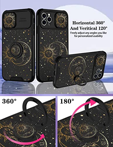 Goocrux (2in1 for iPhone 12 Pro Max Case Sun Moon Stars for Women Girls Cute Space Phone Cover Fashion Golden Star Print Design with Slide Camera Cover+Ring Holder Cases for iPhone 12 ProMax 6.7''